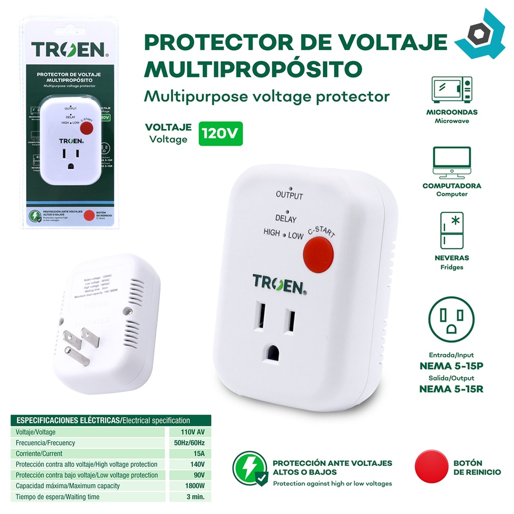 PROTECTOR DE VOLTAJE 120V 15A MULTIPROPÓSITO TROEN | Litani Import Export